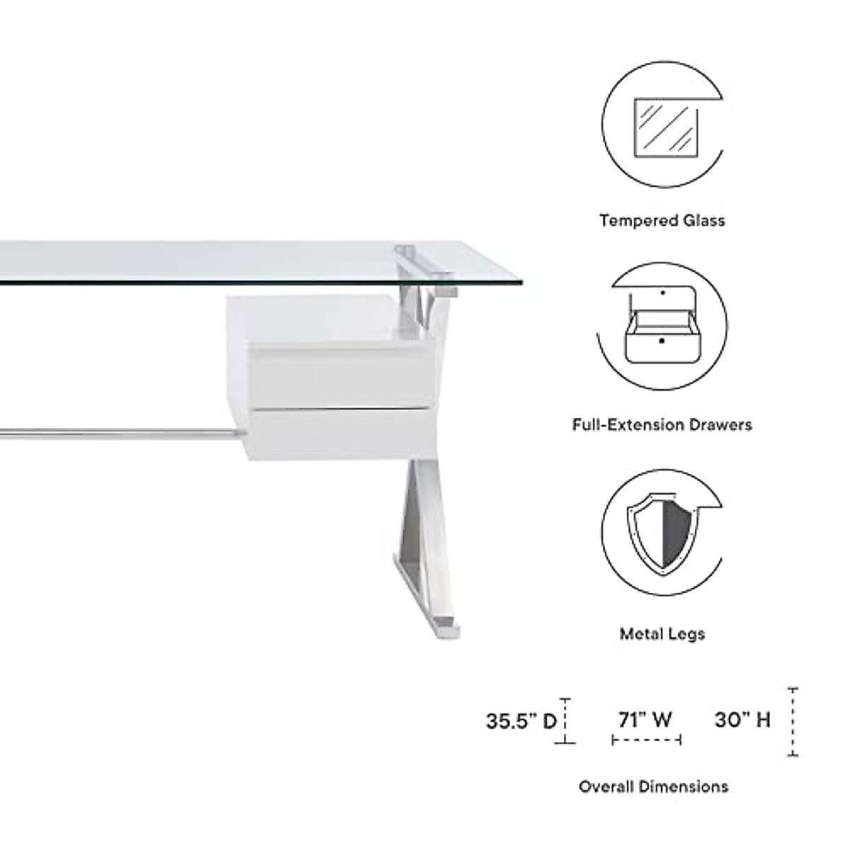 Modway EEI-6226-WHI Sector 71" Glass Top Glass Office Desk, White