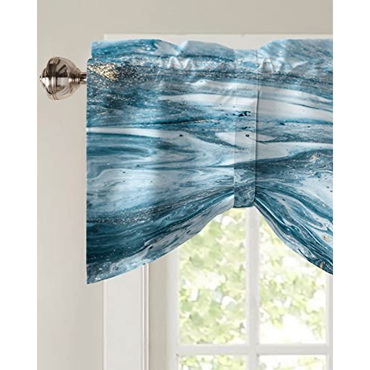 Segard Tie Up Valance for Windows,Marble Liquid Abstract Art Kitchen Valances Adjustable Rod Pocket Window Shade Valance,Blue White Gold Gradient Short Curtains Window Treatment for Bedroom 60x18in