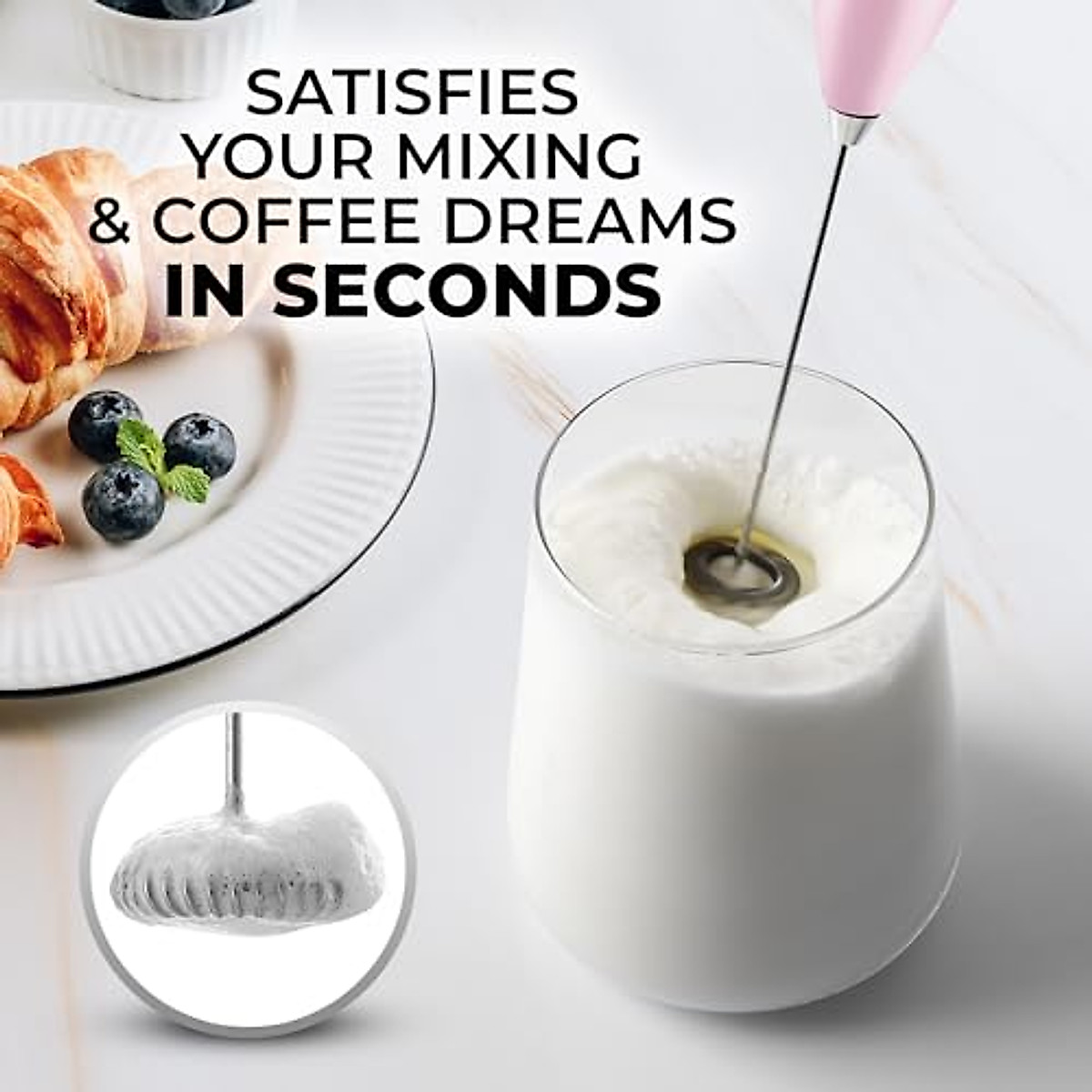 Zulay Powerful Milk Frother Handheld Foam Maker for Lattes - Whisk Drink Mixer for Coffee, Mini Foamer for Cappuccino, Frappe, Matcha, Hot Chocolate by Milk Boss (Cotton Candy)