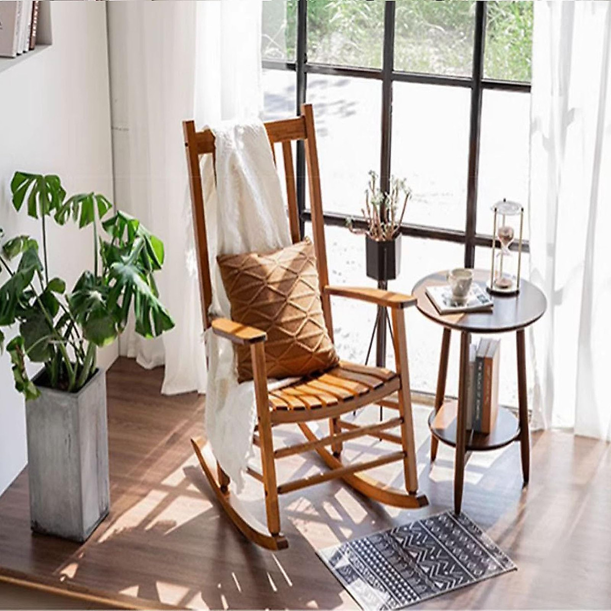 Outdoor Solid Wood Living Room Rocking Chairs, American Country Style Patio Chairs for Adults, Casual Summer Nordic Balcony Outside Furniture, Load-Bearing 175kg/385lbs