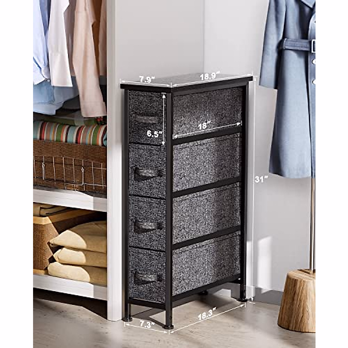 Pipishell Fabric Dresser, Narrow Vertical Dresser Chest Storage Tower with 4 Fabric Drawer, Tall Storage Dresser for Bedroom, Living Room, Small Space Decor, Black