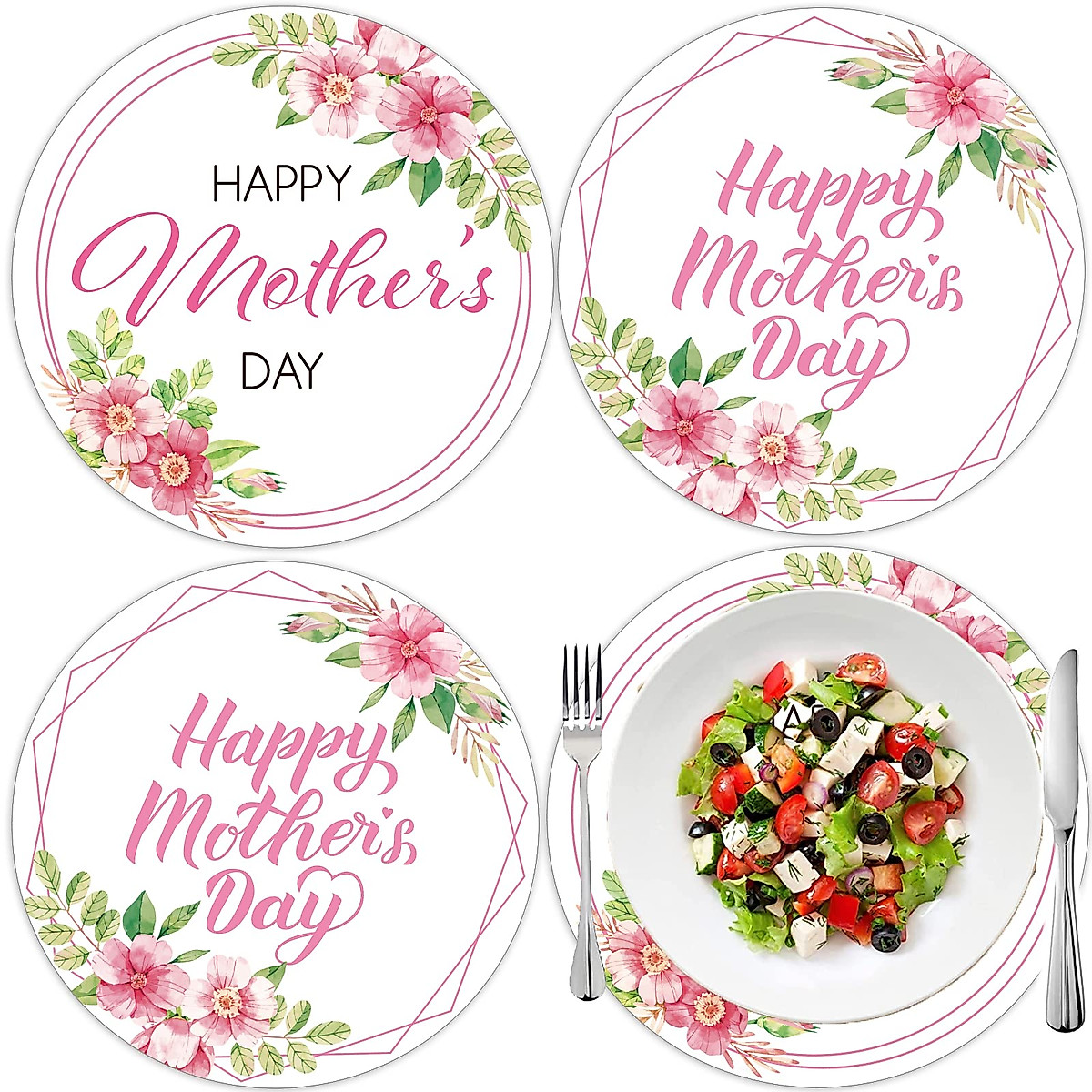 Happy Mother's Day Round Place Mats 13" x 13", Mother’s Day Tableware Supplies for Holiday Party Floral Table Mat Pink Floral Disposable Chargers Dinnerware Paper Place Mats Decorations Favors