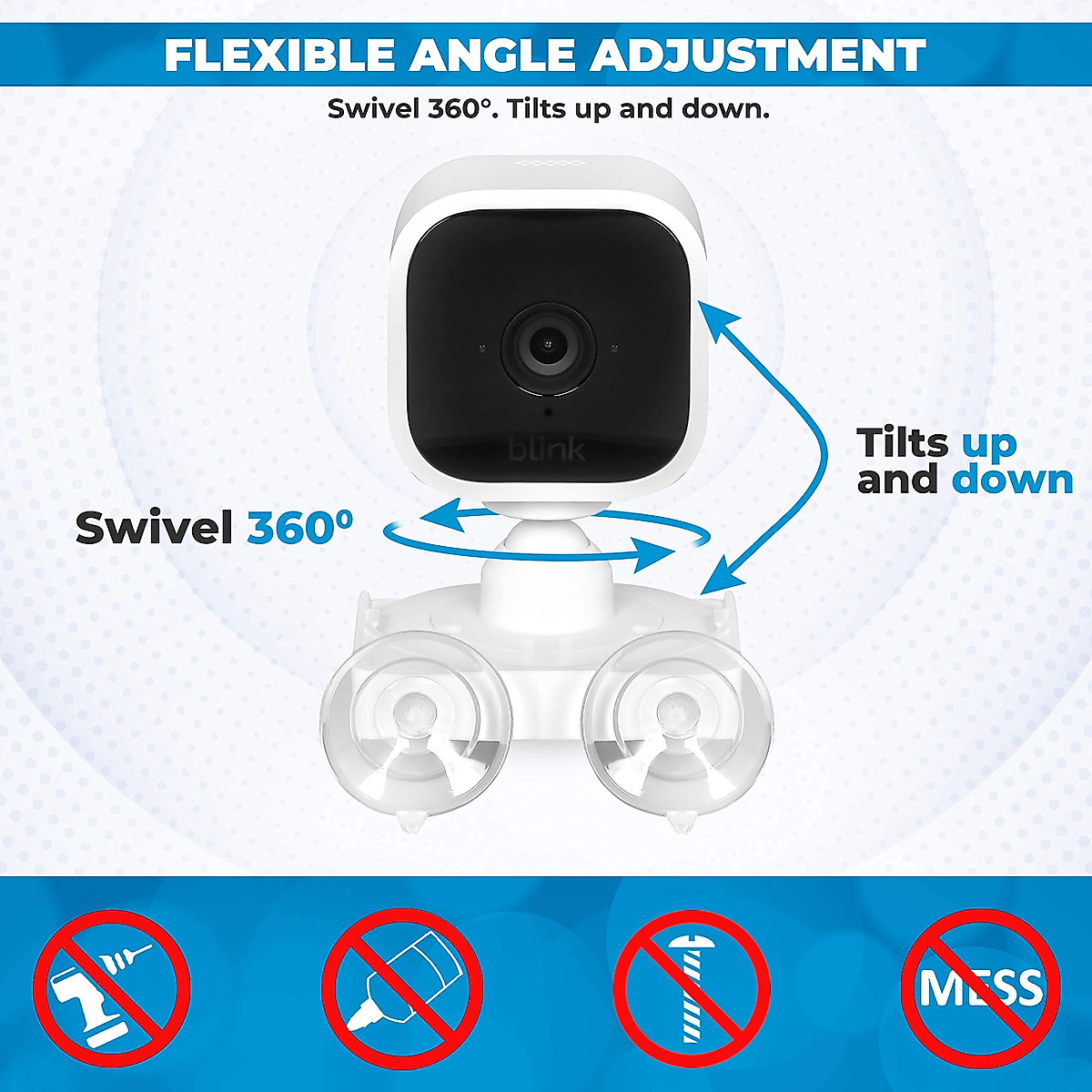 Blink Mini Compatible Secure Suction Mount Bracket with Dual Suction Cups Allows 360 Swivel – Affixes to Stainless Steel, Window Glass, Mirror and Smooth Surfaces (1 Mount)