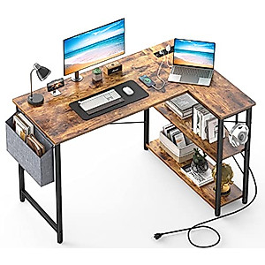 Mr IRONSTONE L Shaped Desk with Outlets & USB Ports, Reversible 47 Inch Office Desk, Corner Desk for Small Space with Storage Shelves for Workstation, Small Desk with Storage Bag ＆ Hook, Rustic Brown