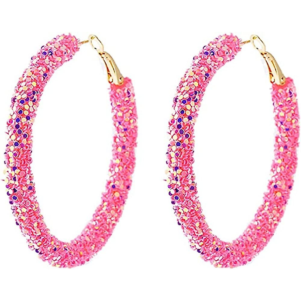 Bohemian Rhinestone Shiny Glitter Sequins Round Hoop Earrings Multicolor Wrapped Gold Plated Circle Beaded Dangle Drop Earrings for Women Statement Jewelry -pink