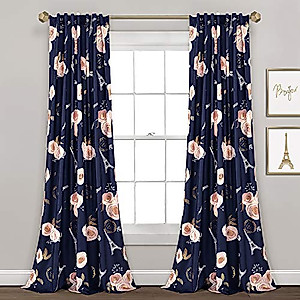 Lush Decor Navy Vintage Paris Rose Butterfly 2-Piece Window Curtain Panel Set, Long Floral Polyester Themed Pattern (84" x 52")