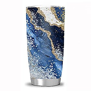WOMHOPE 20 oz Tumbler Insulated with Lid Stainless Steel Thermos Cofe Milk Beer Travel Mug Double Wall Marble(Sandy dark blue)