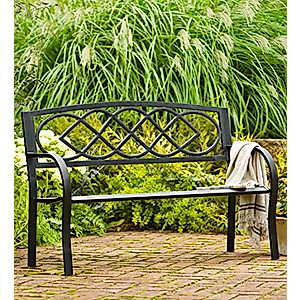 Plow & Hearth Celtic Knot Patio Garden Bench Park Yard Outdoor Furniture| Cast and Tubular Iron Metal| Powder Coat Black Finish| Classic Decorative Design| Easy Assembly 50" L x 17 1/2" W x 34 1/2" H