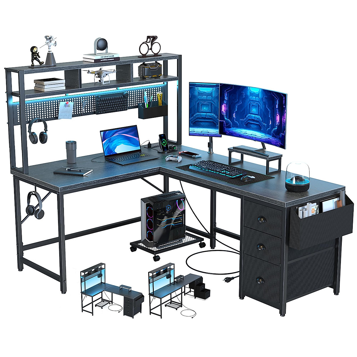 DOMICON Gaming Desk Computer Desk with Pegboard & Shelves Large L Shaped Desk with Drawers, Gaming Desk with Power Outlet & LED & Monitor Stand & Mobile CPU Stand, Corner Deck for Home Office Black