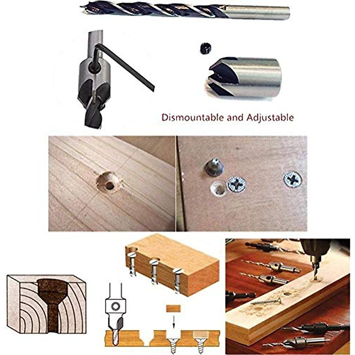 7 PCS Wood Countersink Drill Bits Set, SYWAN Counter Sinking Drill Bits with Stop Collars & Wrench for Carpentry Woodworking Screw Hole Cutter