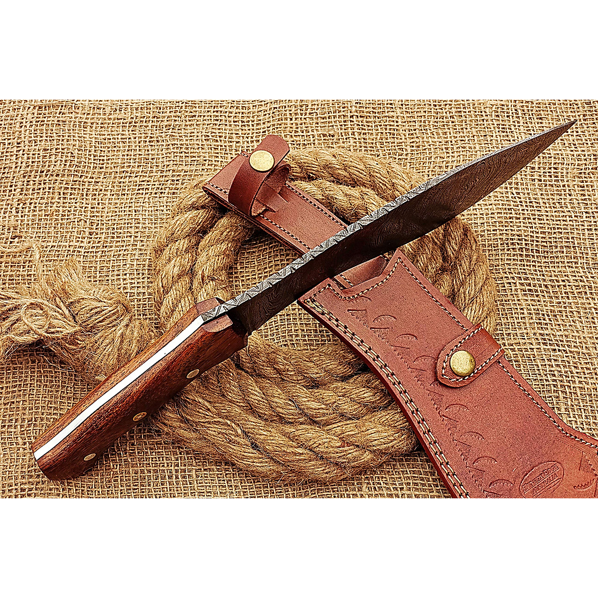 HUNTEX Handmade Hand-Forged Twist Pattern Damascus Steel 15 Inch Long Full Tang Natural Walnut Wood Handle Razor Sharp Hunting Camping Kukri Knife w/Genuine Leather Sheath