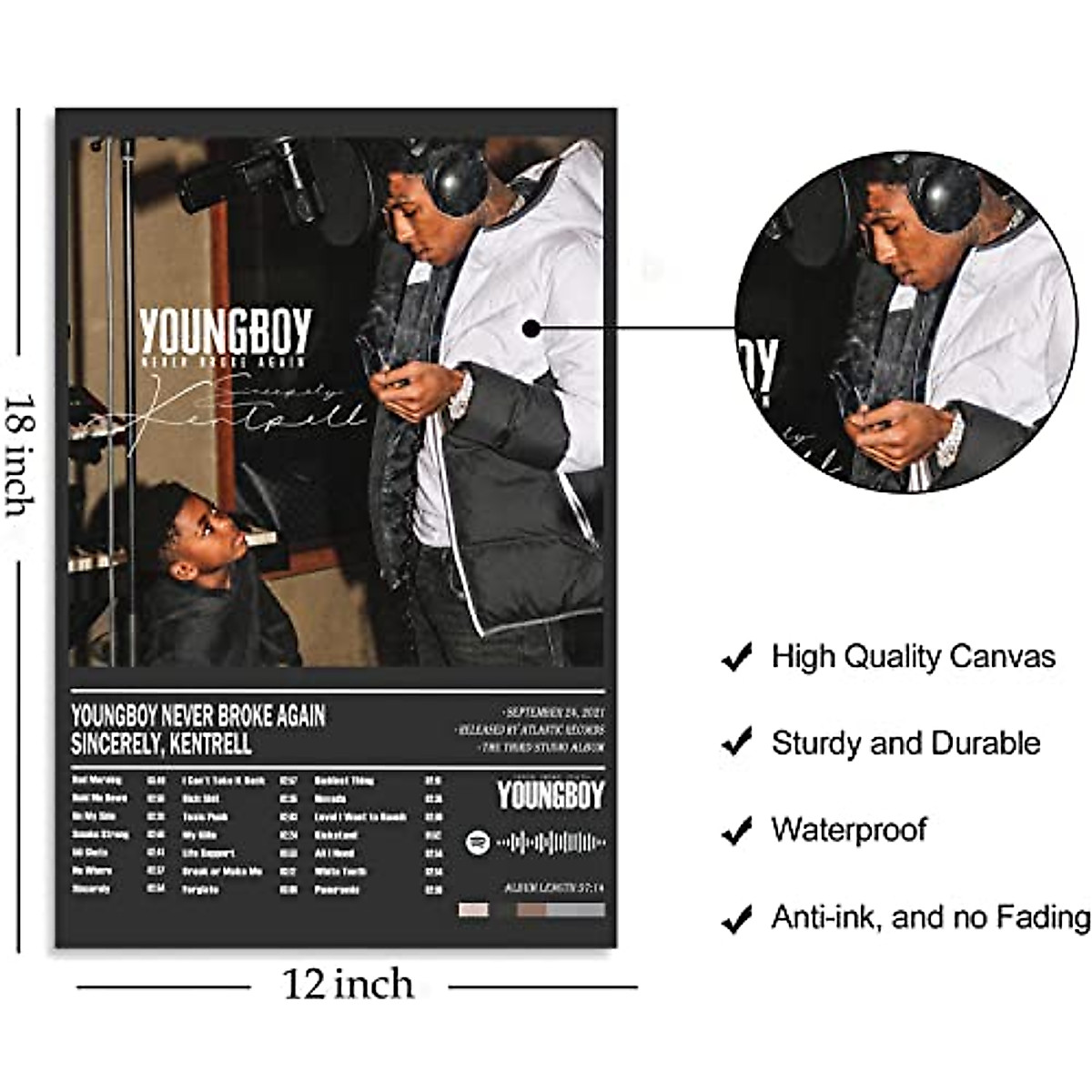Youngboy Poster Never Broke Again Poster Sincerely Kentrell Album Cover Wall Art Canvas for Office Decor Unframed 12" x 18"