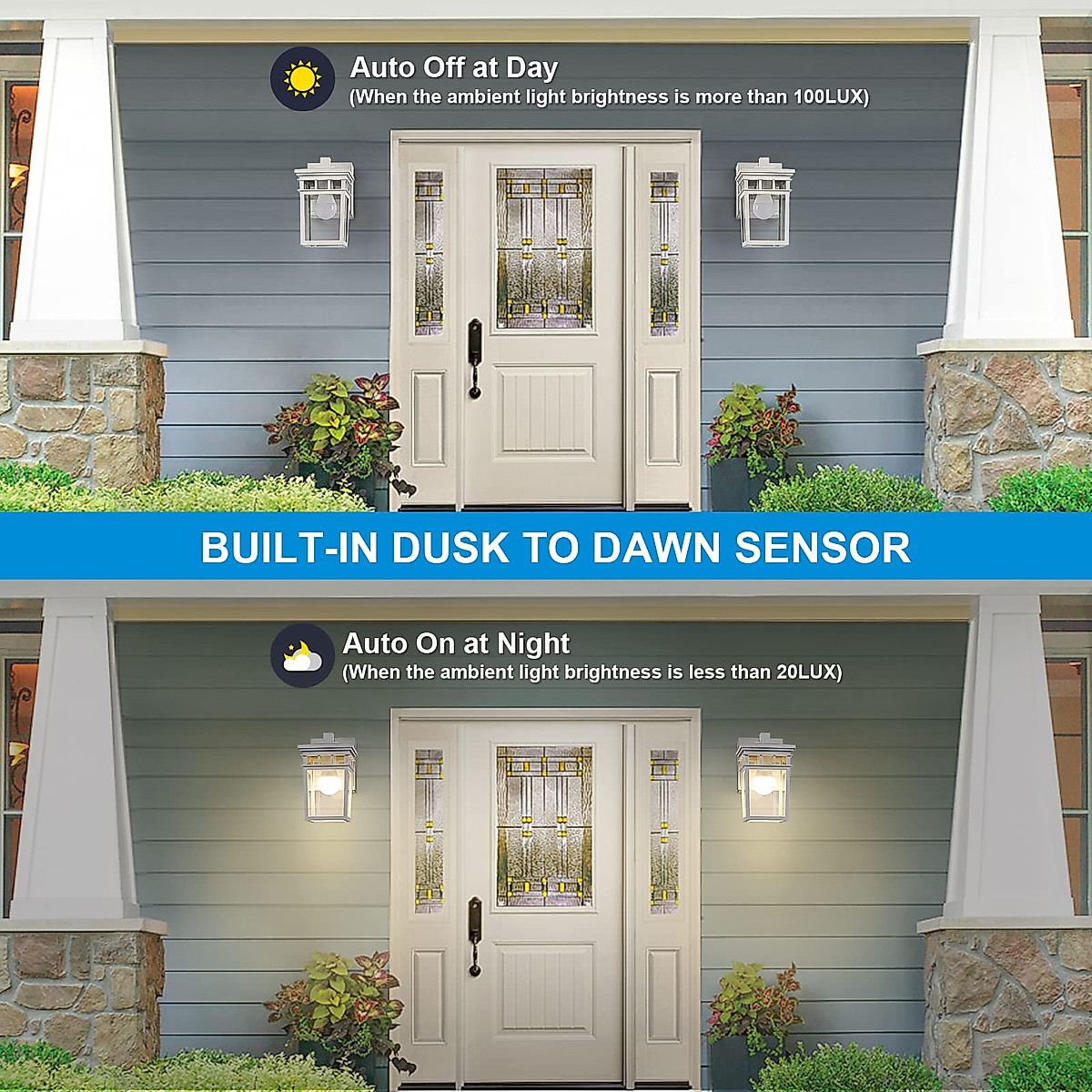 Outdoor Porch Light with GFCI Outlet Built in, Dusk to Dawn Outdoor Wall Lantern with Outlet, Waterproof Anti-Rust Exterior Light Fixture Outside Lights for House Garage Patio, Bulb Included (White)