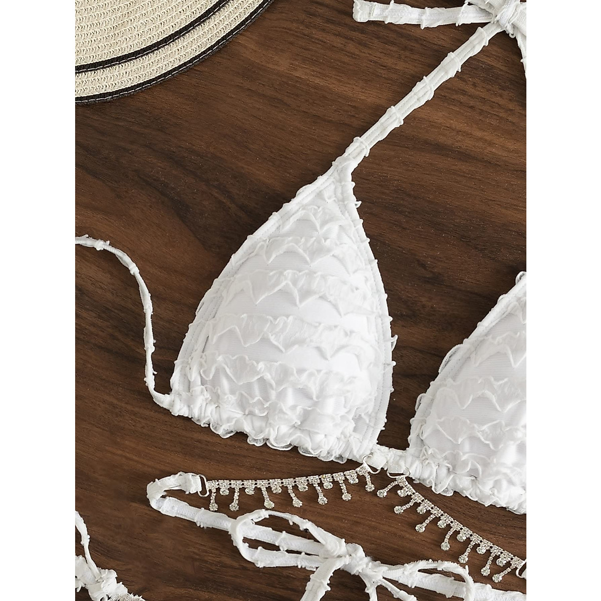 WDIRARA Women's Lettuce Trim Rhinestone Halter Triangle Bikini Set 2 Piece Swimsuit White S