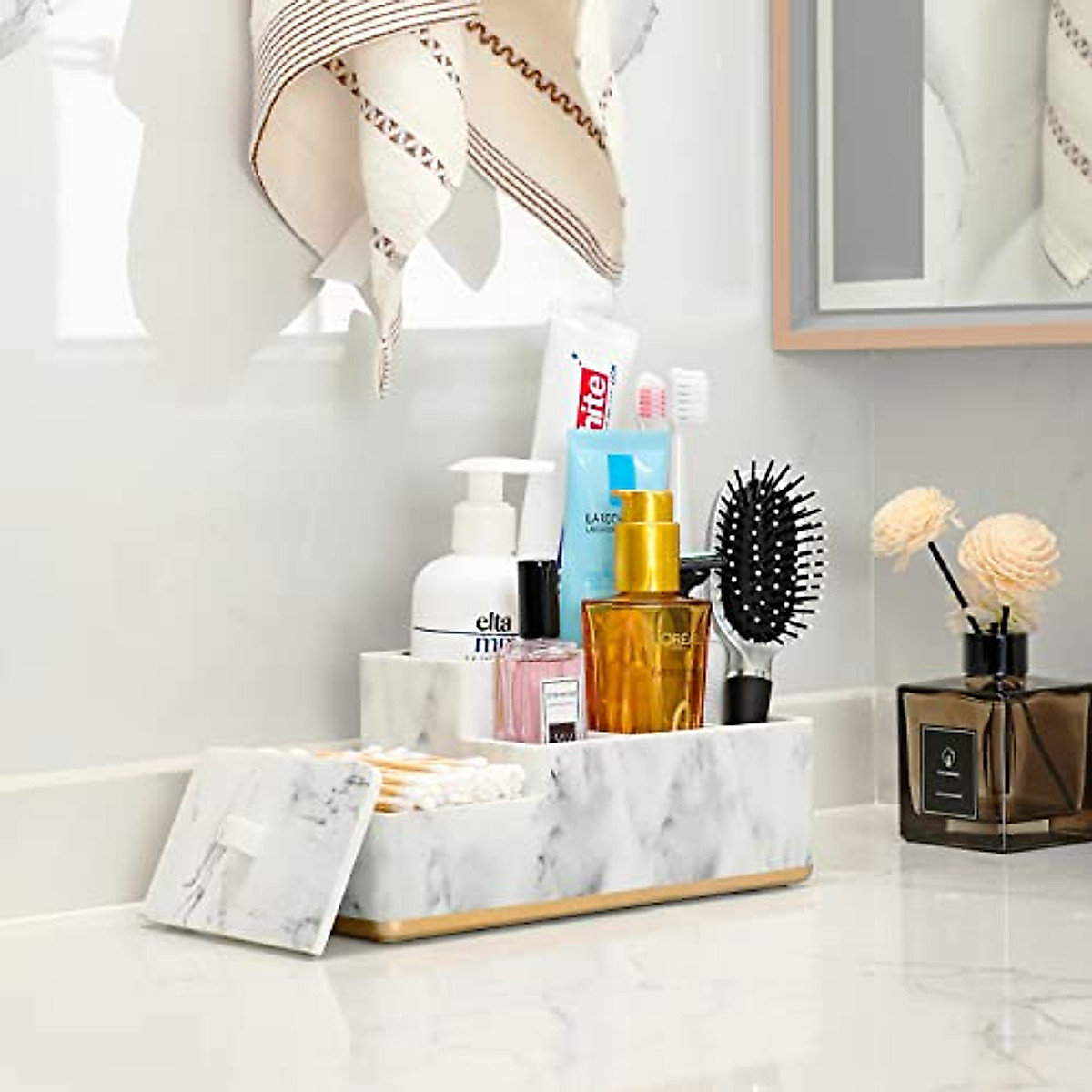 Toothbrush Holder, Aimou Bathroom Organizer Countertop, Bathroom Counter Storage Electric Toothbrush Toothpaste Razor Holder for Bathroom/Vanity, Cotton Ball, Cotton Swab, Floss, Marble White