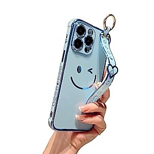 Hosgor iPhone 13 Pro Max Case for Women, Bling Glitter Plating Cover with Strap & Camera Lens Protection Soft TPU Shockproof Bumper Phone Case for iPhone 13 Pro Max 5G 6.7inch (Blue)