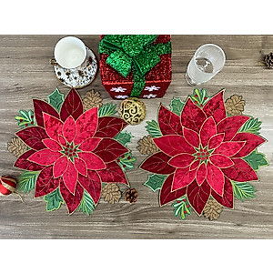 KEVA Holiday Christmas Placemats Set of 4, Embroidered Red Velvet Poinsettia Cutwork Christmas Table Decorations for Home and Kitchen, Red Placemats 16inch Round