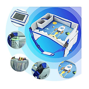 Thr33E Car Seat Kids Travel Tray - Travel Lap Desk Active Accessory for Child’s - Kids Tablet iPad Holder Stand Art Storage Pockets (Blue)