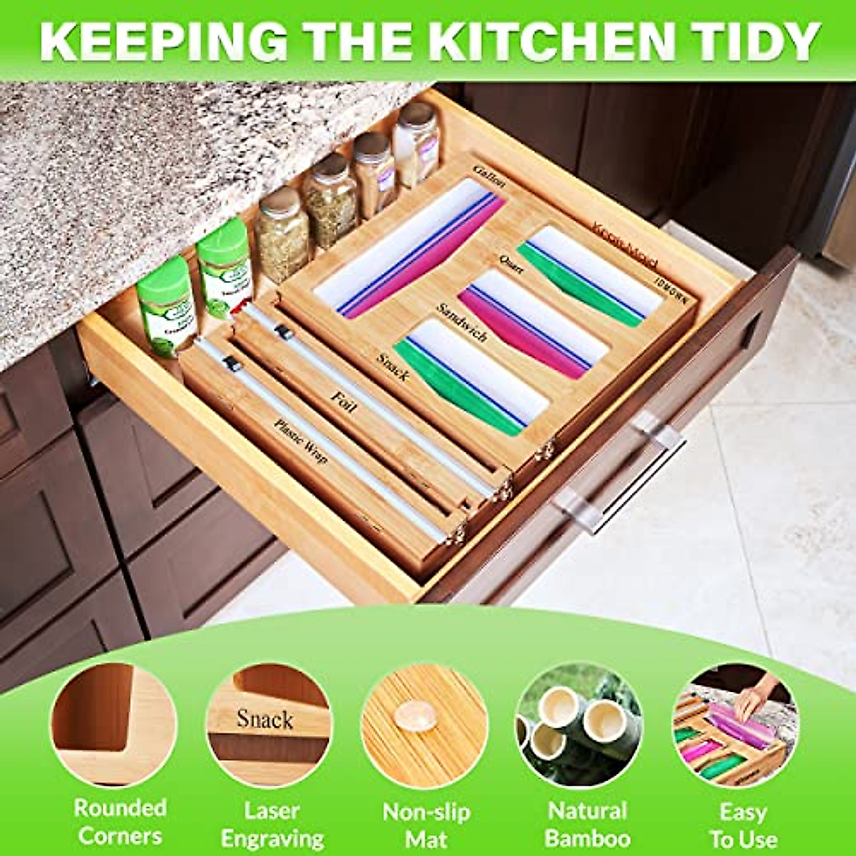 IDMOWN Ziplock Bag Organizer, Foil And Plastic Wrap Organizer, 6 In 1 Kitchen Drawer Organizer Compatible With Gallon Quart Sandwich Snacks, Wrap Dispenser With Cutter, Cutting Board and Washing Brush