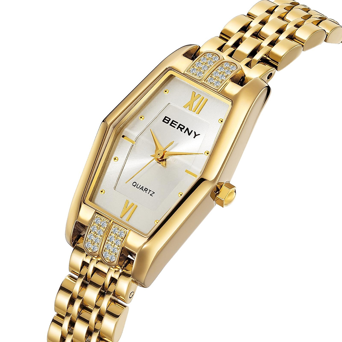 BERNY Gold Watches for Women Dainty Hexagon Ladies Quartz Wrist Watches Stainless Steel Band Fashion Analog Watch Luxury Bracelet(White Dial)