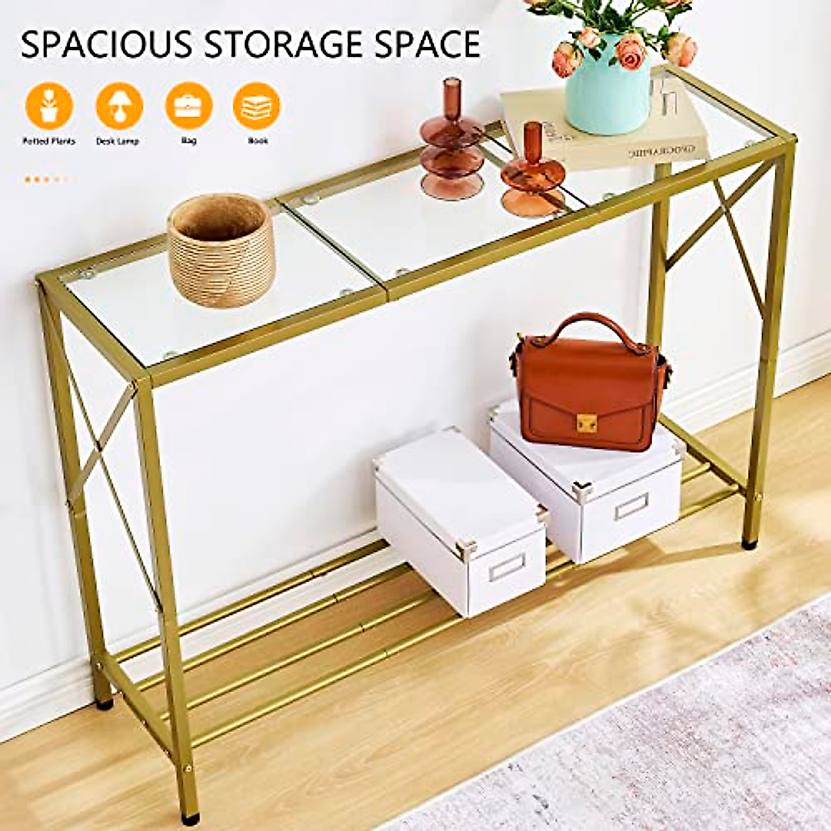 Hoctieon Gold Console Table, Entryway Table, Tempered Glass Sofa Table with Shelves, Metal Frame, Modern Style, Easy to Assemble, Entrance Table for Hallway, Entryway, Living Room, Bedroom