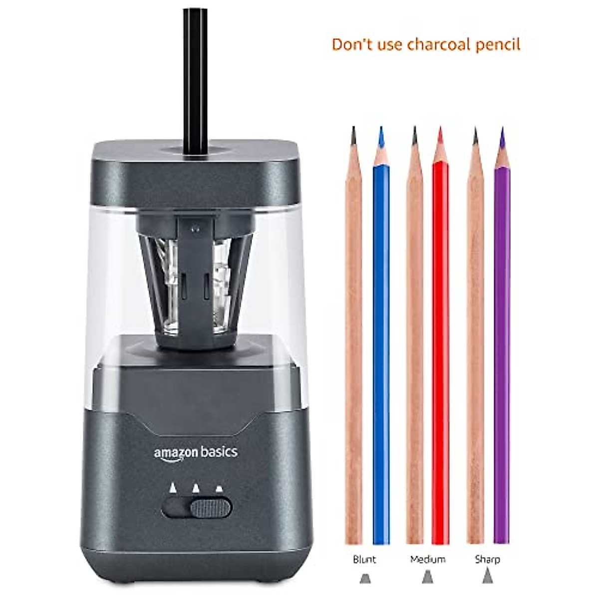 Amazon Basics Portable Electric Pencil Sharpener, Helical Blade, Auto Stop, Battery/USB Cord Operated