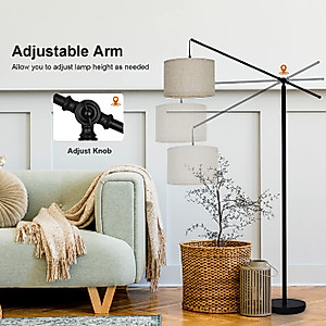 SURAIELEC Arc Floor Lamp, Overhang Cantilever Standing Floor Lamp for Couch, Sofa, Reading, Living Room, Bedroom, Adjustable Balance Arm, Natural Linen Drum Shade, Matt Black Metal Pole, Foot Switch