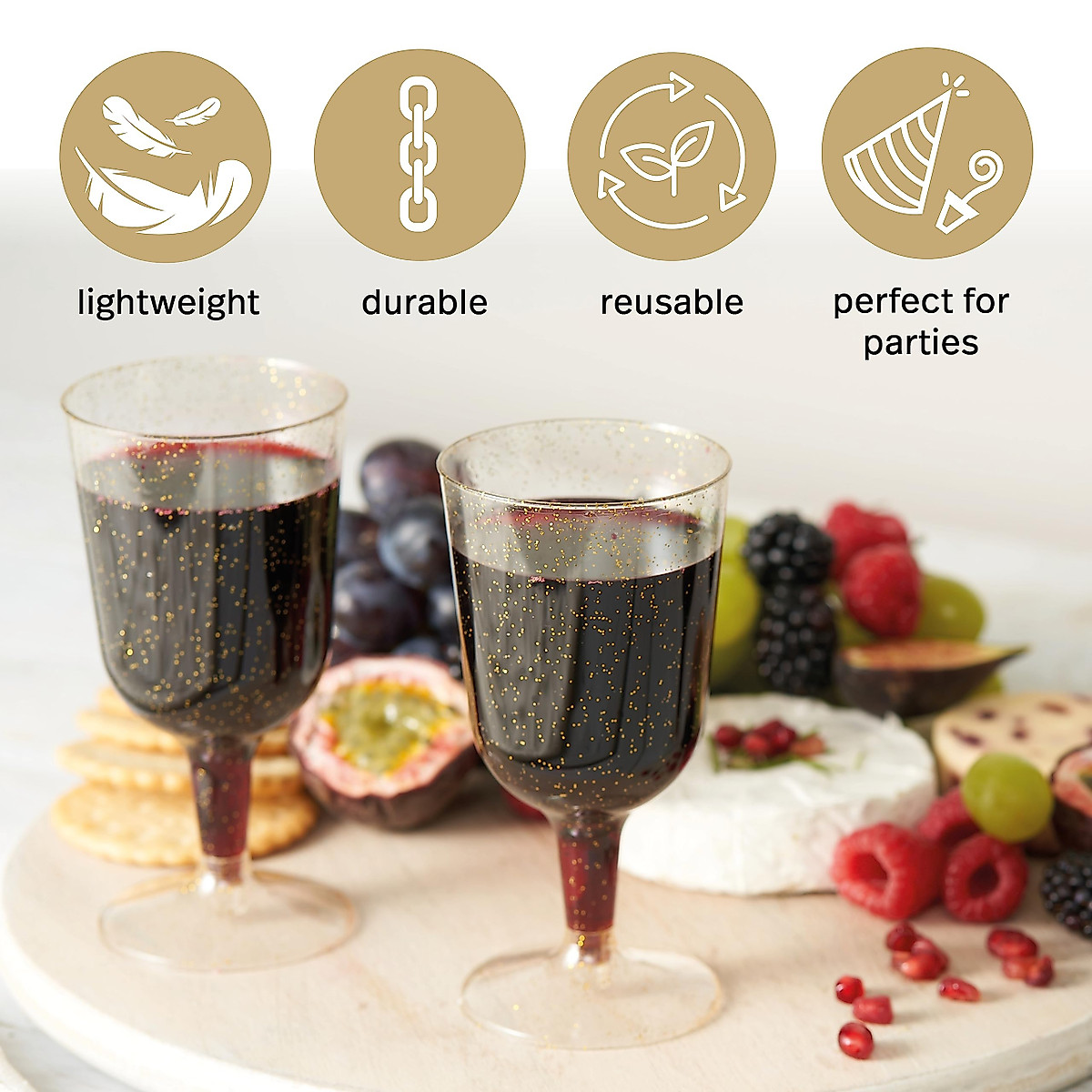 MATANA 50 Gold Glitter Goblet Plastic Wine Glasses for Weddings, Birthdays, Bridal Shower & Parties, 6oz - Sturdy & Reusable