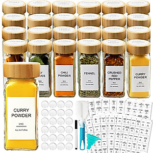 AISIPRIN 24 Pcs Glass Spice Jars with Bamboo Airtight Lids and 398 Labels, 4oz Empty Square Containers Seasoning Storage Bottles - Shaker Lids, Funnel, Brush and Marker Included