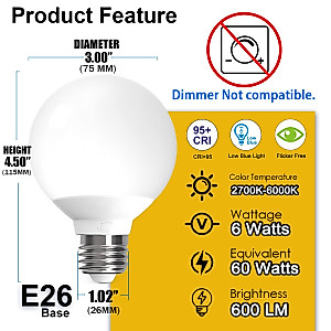 ILC G25 LED Globe Light Bulbs Work with Alexa Required Echo Device, 6W, 60W Equivatlent, Color Temprature Turnable: 2700K-6000K, CRI>95+, E26 Base, 120V for Vanity Makeup Mirror, Bathroom (6 Pack)