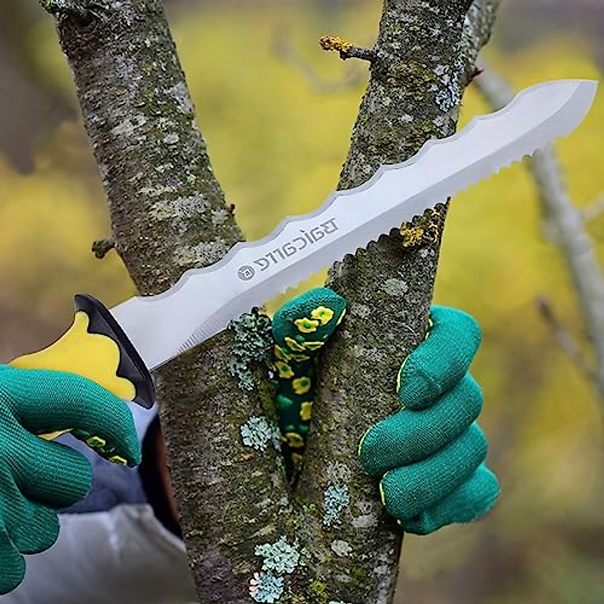 BaiCarre Stainless Steel Garden Knife with Yellow New Handle, 7.8" Double Side Utility Sod Cutter Lawn Repair Garden Knife with Nylon Sheath