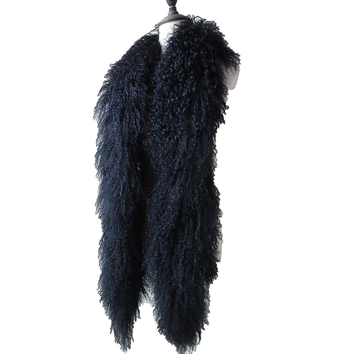 XUYUZUAU Real Mongolian Lamb Hair Scarf Wool Wraps Black Overlength Warm Black