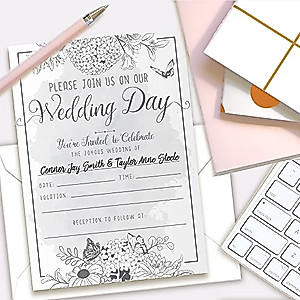 Wedding Invitation Kit with Envelopes - Wedding Drawing Florals Themed Invitations & Envelopes Minimalist Blank Wedding Invitations, Invitation Wedding Kit Set of 25 Beautiful Invitations