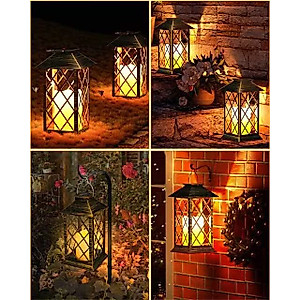Fuairmee Solar Lanterns Outdoor Waterproof, Set of 2 Hanging Lantern with Brackets, 14 inch LED Flickering Flameless Candle Lights, Outdoor Lanterns for Front Porch Pathway Courtyard Party Patio