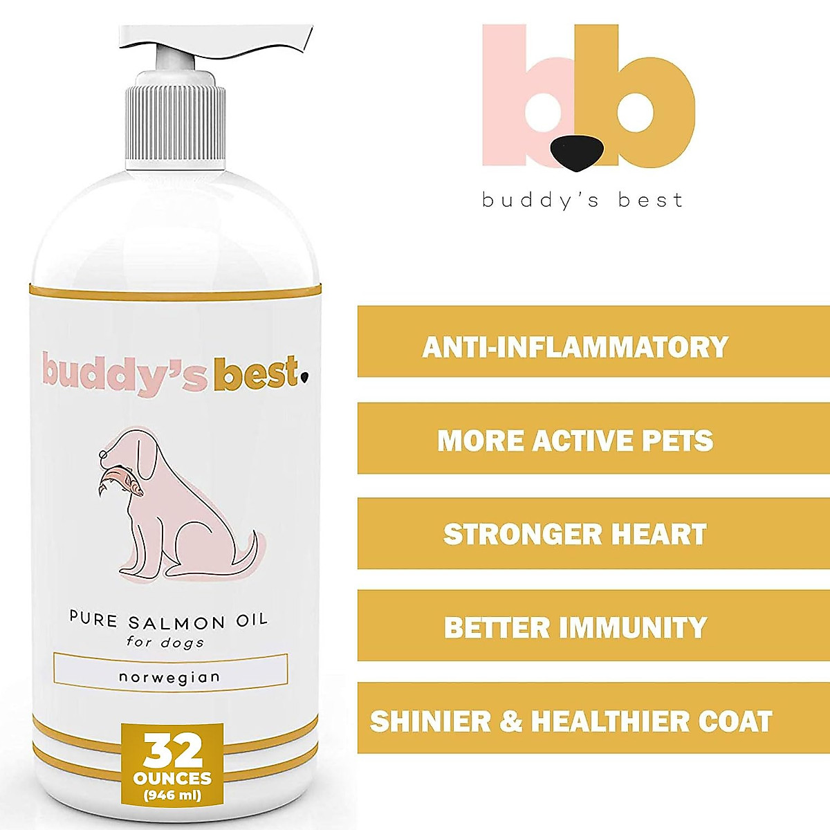 Buddy's Best, Salmon Oil for Dogs 32 oz Bottle with Pump - 100% Pure Norwegian Virtually Odorless Fish Oil - Omega-3 Supplements for Dogs & Cats - Promotes Healthy Skin and Coat - Dog Food Oil