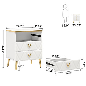 Tribesigns 3-Drawer Nightstand Set of 2, Luxury Bedside Table End Table with Storage Drawers and Golden Legs, Modern Nightstand for Bedroom, Gold and White