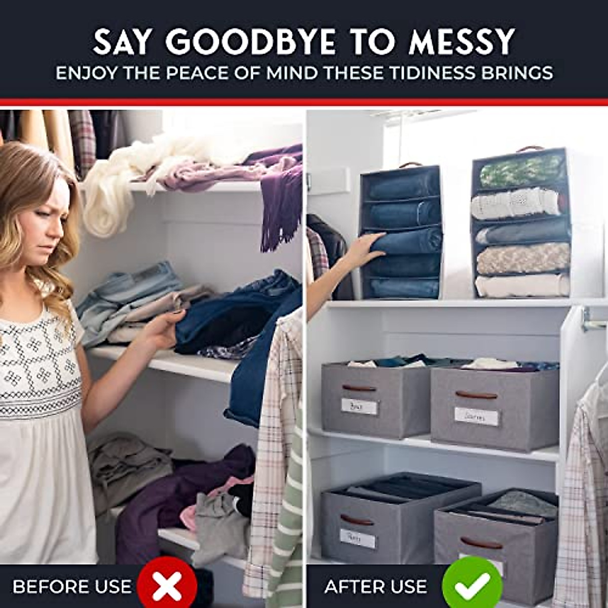 Multifunctional Jeans Organizer for Closet- Foldable Washable Wardrobe Closet Pants Organizer with Label Windows, Labels, Carrying Handles & 5 Large Grid Removable Dividers- Gray Wood Handles, 3 Pack