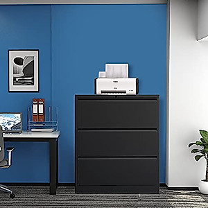 Black Lateral File Cabinet with Lock, 3 Drawer Metal Filing Cabinet for Legal / Letter Size, Locking Office File Cabinet with Drawers, Large File Drawer Cabinet with Printer Stand for Home Office