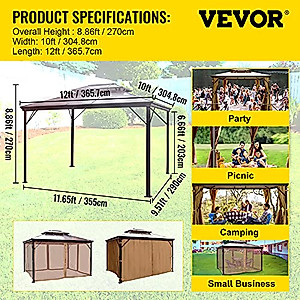 Happybuy Patio Gazebo, 10’ x 12’ Outdoor Gazebo Canopy, Patio Canopy w/Double PVC Plastic Roof, Aluminum Frame with Curtains and Netting, Shelter for Patios, Backyard, Outdoor Lawn