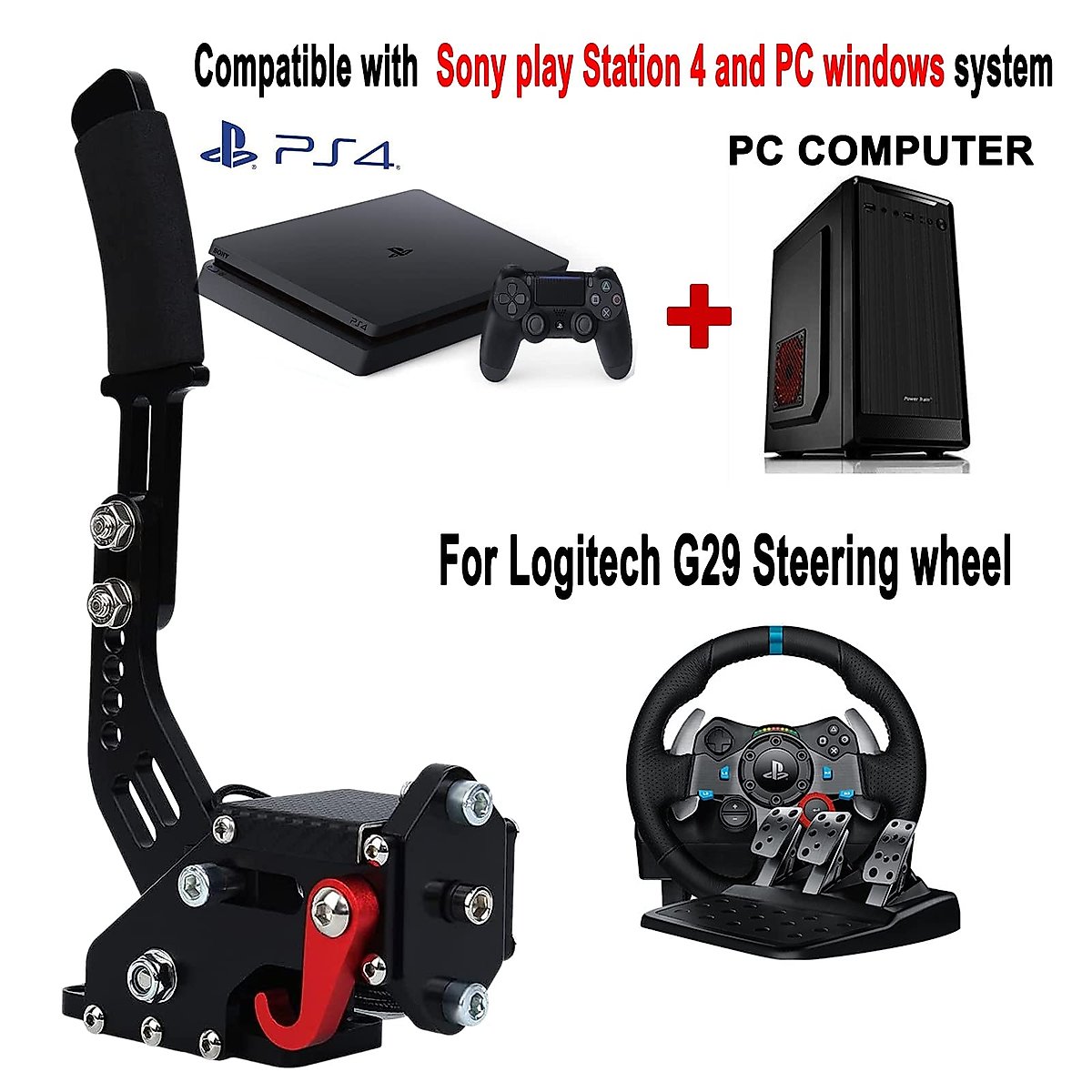 Obokidly Upgrade 2-IN-1 USB Handbrake Support G27/G29/G920 Compatible With PS4/PS5 + PC For Simracing Game Sim Rig With Clamp (Support G29 With Clamp, Black)