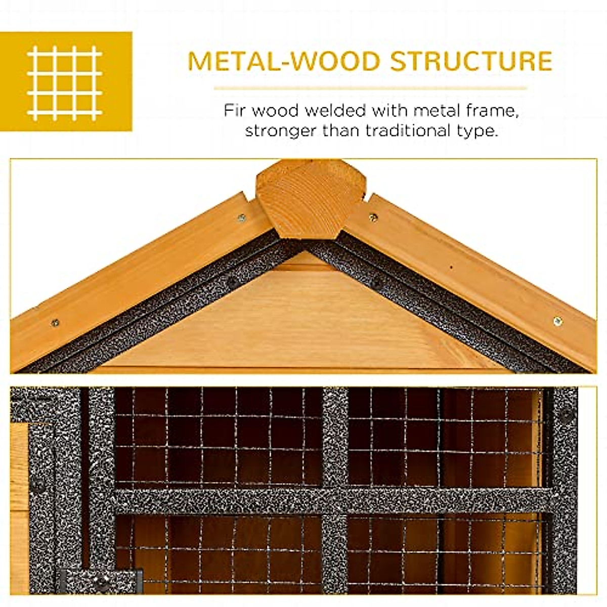 PawHut 2-Level Rabbit Hutch Bunny House with Weatherproof Hinged Asphalt Roof, Removable Tray and Ramp for Outdoor