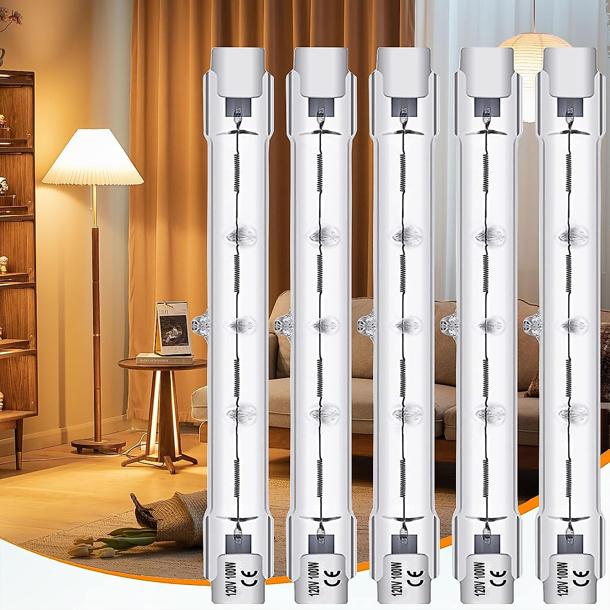 Rnyloas R7S 78MM T3 100W Bulb, 5 Pack Long Lasting R7S Halogen Bulb Dimmable, R7S 100W 120V Bulb with R7S Base 2800K Warm White, R7S Bulb 78MM T3 for Work, Security, Landscape Lights, Floor Lamps