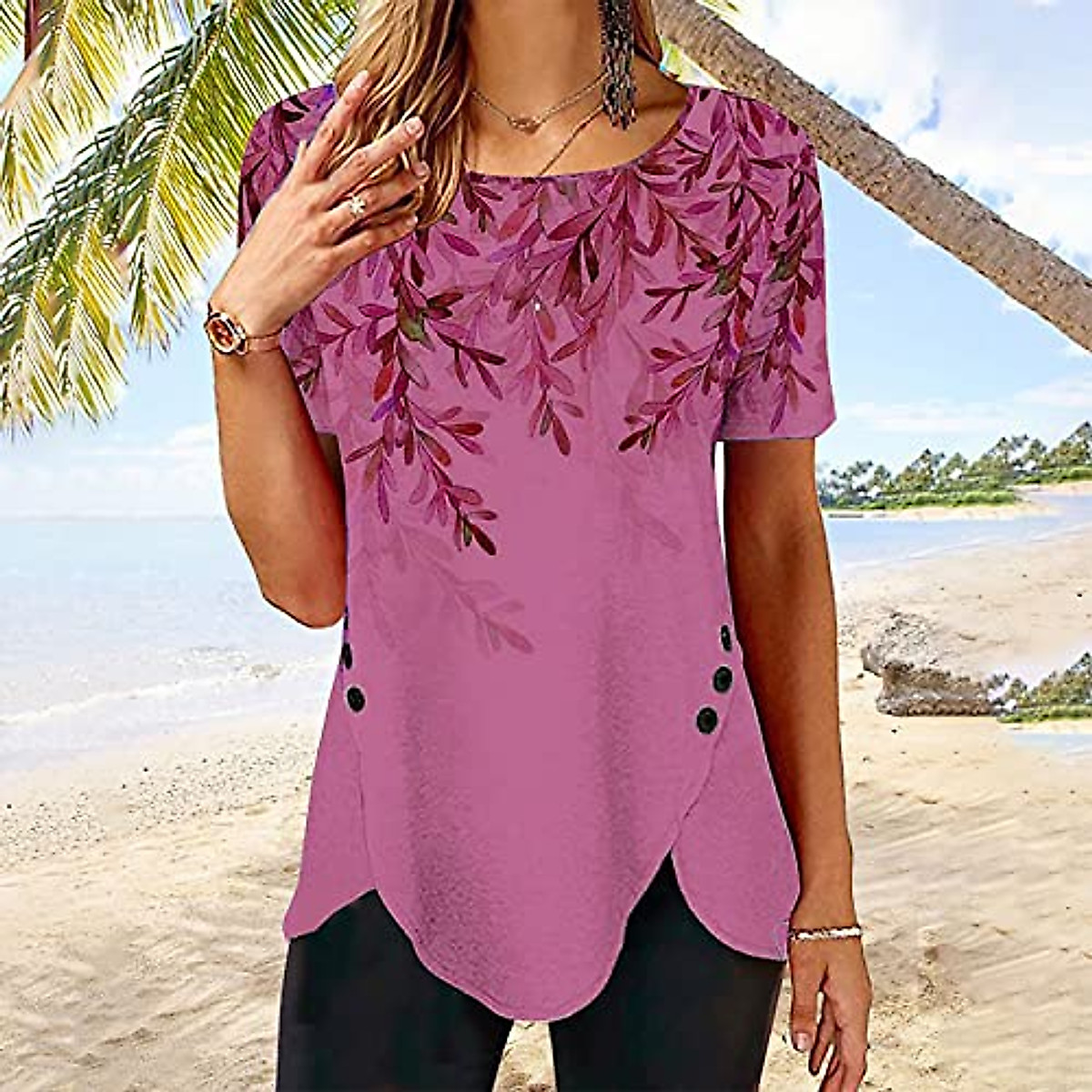 Ceboyel Womens 2023 Floral Print Summer Tops Dressy Trendy Shirts Short Sleeve Casual Blouses Trendy Ladies Clothes Womens Tshirts Red l