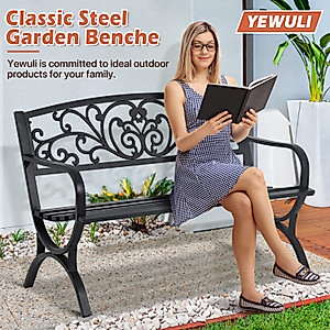 Yewuli Patio Garden Bench Metal Loveseat Chairs Outdoor Park Benches for Outside with Armrests Patio Furniture for Porch, Yard, Lawn, Balcony, Black