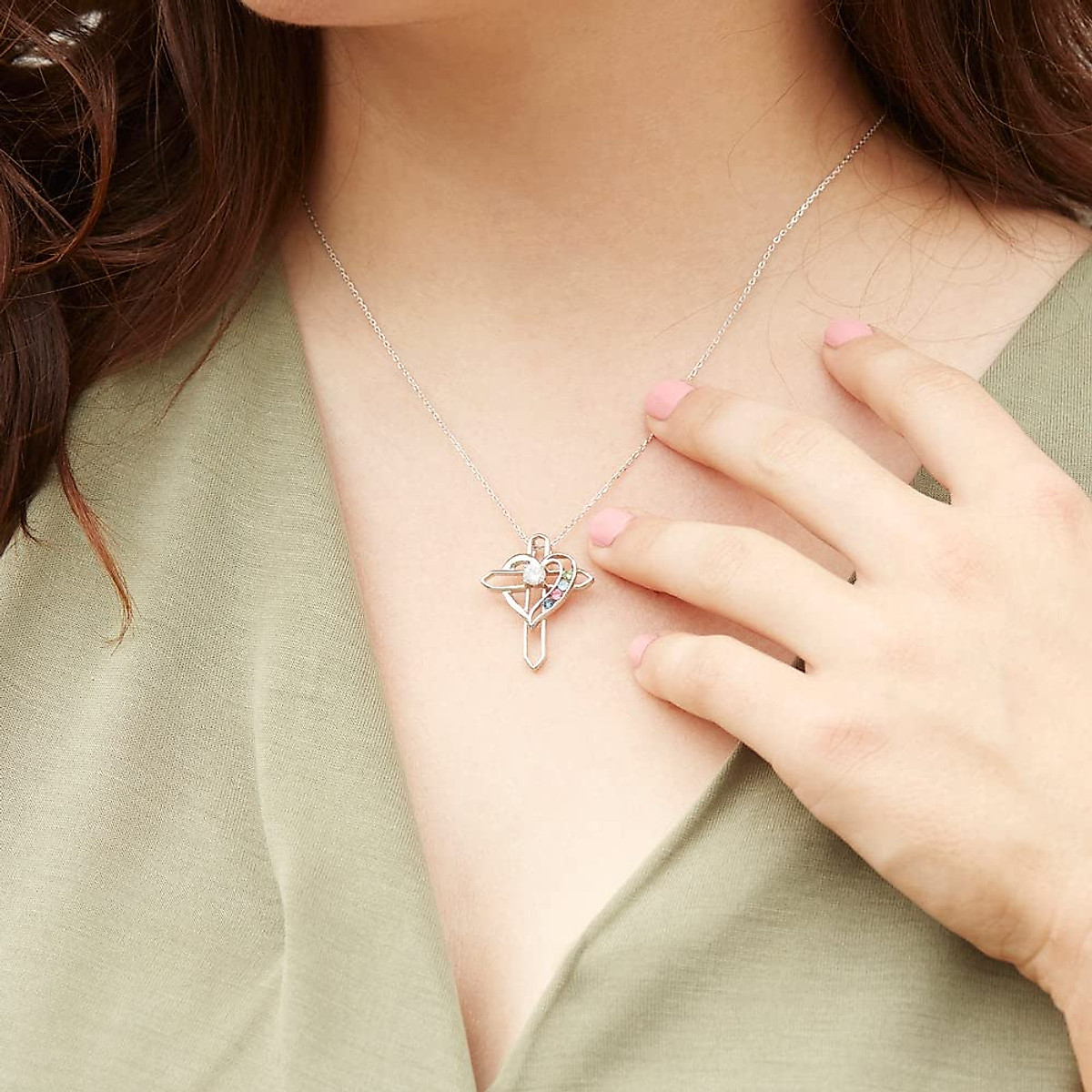 Women's Custom Sterling Silver 4 Stone Simulated Birthstone Heart with Cross Pendant (18" chain) - Personalized Birthstone Cross Necklace - Gifts for Mom