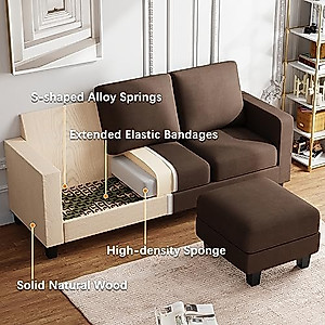 Furniwell Convertible Sectional Sofa Couch, L Shaped 3-Seat Small Couch for Living Room with Ottoman Modern Fabric Reversible Chaise for Apartment and Small Space (Brown)