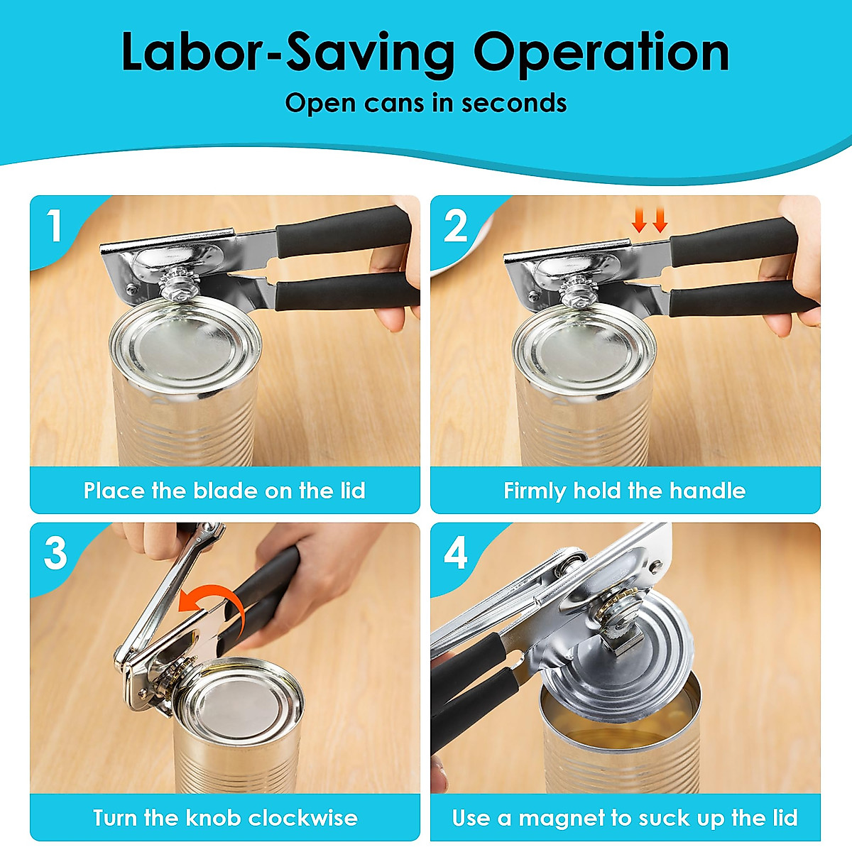 Dreyoo 2 Pack Commercial Can Opener Manual, Can Opener with Magnet, Heavy Duty Hand Can Opener Smooth Edge, Can Opener Nice for Seniors and Kids, Save Effort Fit All Size Cans, Large Cans