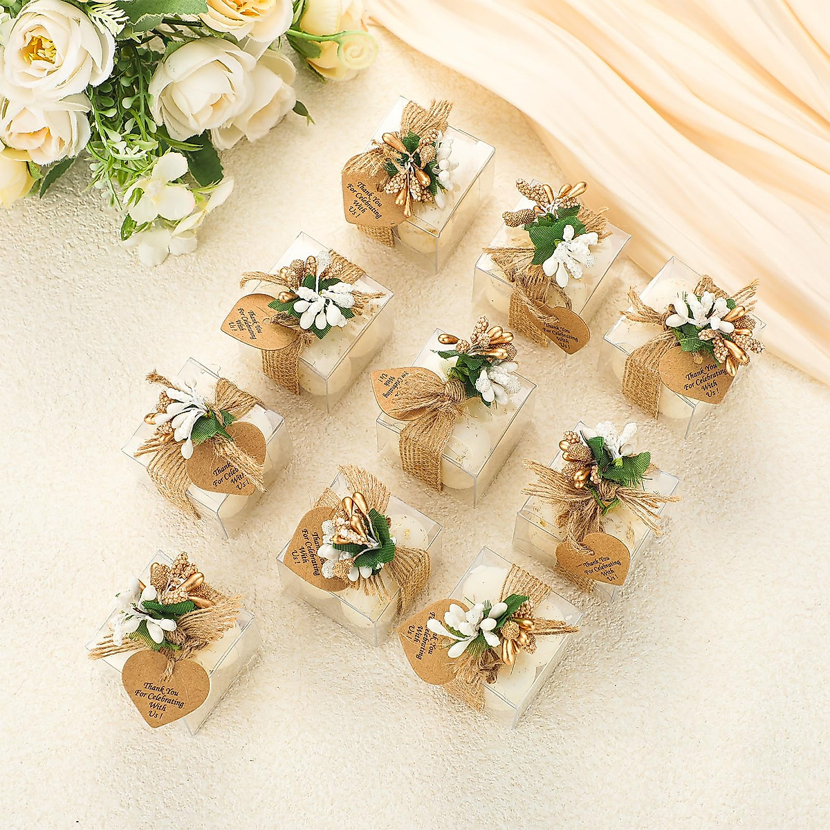 MTLEE 30 Sets Small Wedding Favors Candles for Guests 1.4 x 1.6 Inches Bulk Bubble Candles Gifts Bridal Shower Favors Candles with Thank You Cards Ribbons Dried Flowers Gifts (Gold Foil)