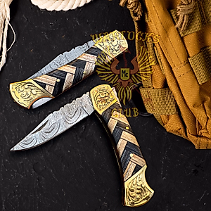 WARLOCKS CLUB Handmade Damascus Pocket Knife with Sheath, 7" Folding Hunting Knife with Wood Handle, Small Camping Knife for Outdoor