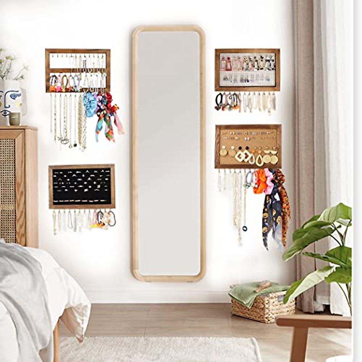 Jewelry Organizer Wall Mounted 4 Pack Rustic Wood Jewelry Display Organizer Holder with Hooks for Ear Rings, Necklaces and Bracelet(Hook + Stencil + Rings + Corkboard)